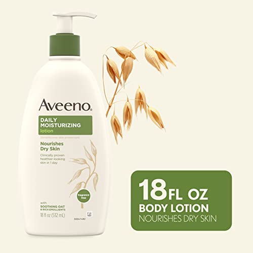 Aveeno Daily Moisturizing Body Lotion with Soothing Oat and Rich Emollients to Nourish Dry Skin, Gentle & Fragrance-Free Lotion is Non-Greasy & Non-Comedogenic, 18 fl. oz