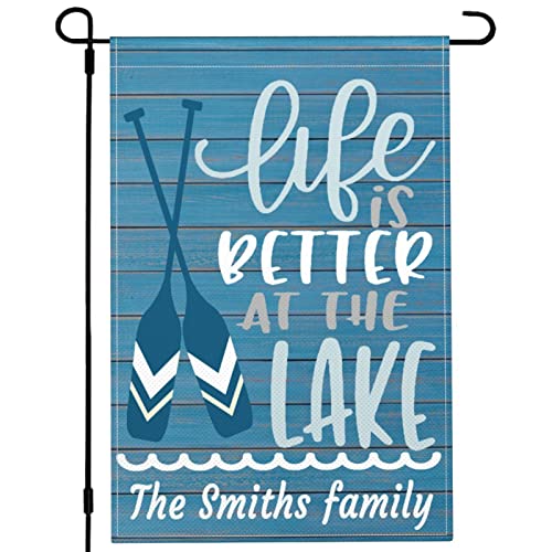 Personalized Life is Better at the Lake Garden Flag, Custom Personal Information Linen Lake House Yard Outdoor Decor Welcome Flag, Double Sided 12" x 18"