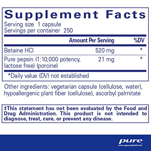 Pure Encapsulations Betaine HCl Pepsin | Digestive Enzyme Supplement for Digestive Aid and Support, Stomach Acid, and Nutrient Absorption* | 250 Capsules