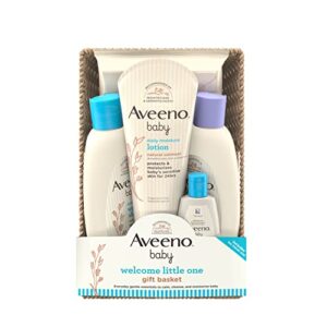 aveeno baby welcome little one gift basket, baby skincare set with baby body wash & shampoo, calming bath wash, all over baby wipes, & daily moisturizing lotion, 5 items