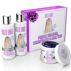 purple shampoo, conditioner & mask trio gift set. removes brassy yellow tones. lightens blonde, platinum, ash, silver & grays. paraben & sulfate free. peta approved cruelty-free and 100% vegan.