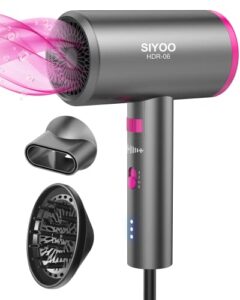 siyoo hair dryer with diffuser, 1600w ionic blow dryer, constant temperature hair care without hair damage, lightweight portable travel hairdryer