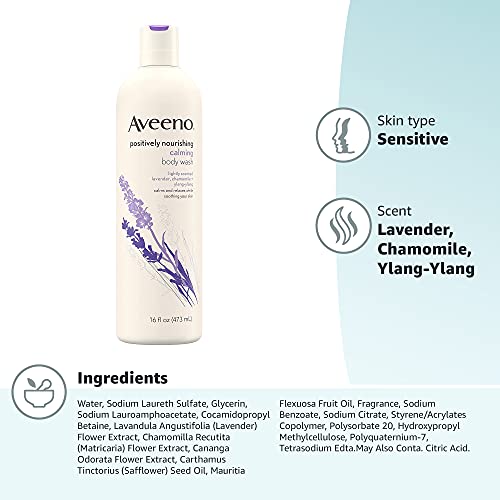 Aveeno Positively Nourishing Calming Body Wash with Lavender, Chamomile & Ylang-Ylang, Lightly Scented Daily Moisturizing Body Cleanser to Soothe & Relax, 16 fl. oz