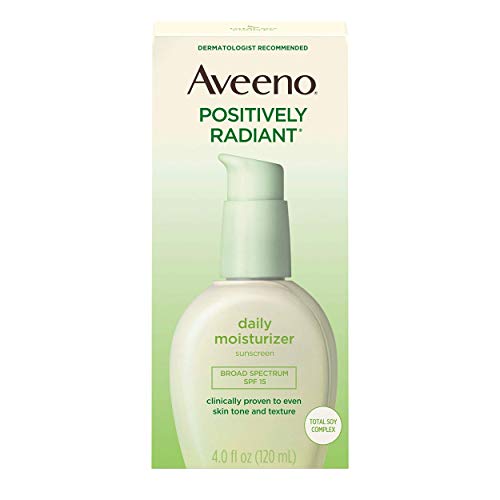 Aveeno Positively Radiant Daily Facial Moisturizer with Broad Spectrum SPF 15 Sunscreen & Total Soy Complex for Even Tone & Texture, Hypoallergenic, Oil-Free & Non-Comedogenic, 4 fl. oz