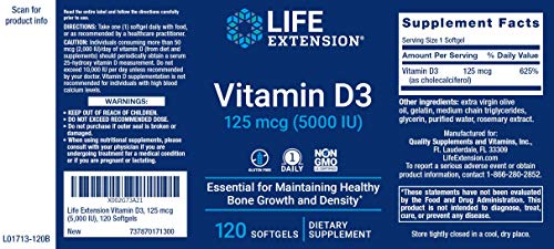 Life Extension Vitamin D3 5000 IU, 120 Softgels, 125mcg