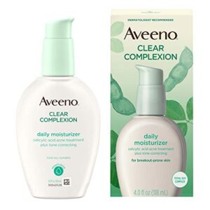 aveeno clear complexion salicylic acid acne-fighting daily face moisturizer with total soy complex, for breakout-prone skin, oil-free and hypoallergenic, 4 fl. oz