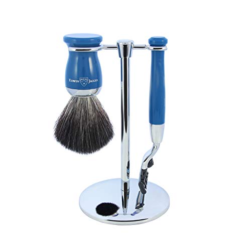 Edwin Jagger 3pc Gillette® Mach3®, Shaving Brush, Black Synthetic Fibre With Stand, Chrome Plated … (Blue)