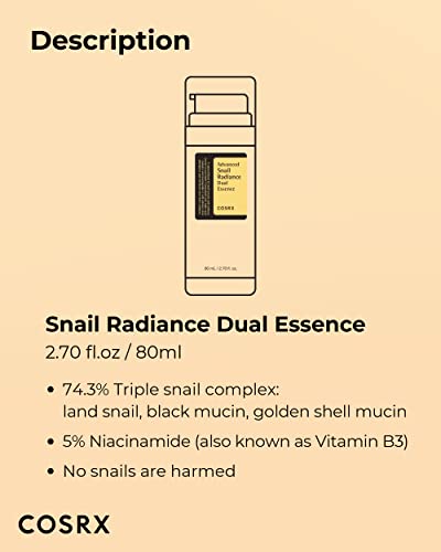 COSRX Niacinamide 5% + Snail Mucin 74% Dual Essence, Dark Spot & Anti aging Face Serum, Hydrating, Brightening, 2.70 fl.oz / 80ml