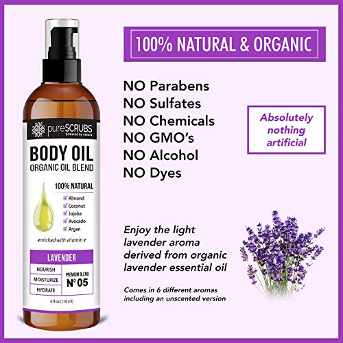 pureSCRUBS Ultra Moisturizing LAVENDER BODY OIL Spray For Dry Skin, Massage, Cuticles & More, Organic Blend of Jojoba, Argan, Coconut, Sweet Almond & Avocado Oils Enriched with Vitamin E - Lg 4oz