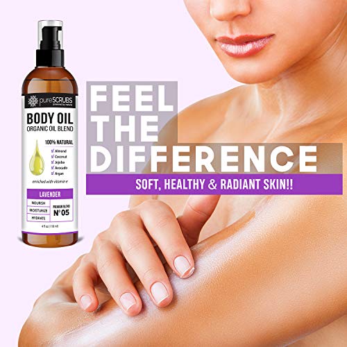 pureSCRUBS Ultra Moisturizing LAVENDER BODY OIL Spray For Dry Skin, Massage, Cuticles & More, Organic Blend of Jojoba, Argan, Coconut, Sweet Almond & Avocado Oils Enriched with Vitamin E - Lg 4oz