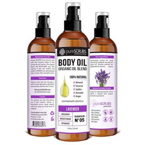 pureSCRUBS Ultra Moisturizing LAVENDER BODY OIL Spray For Dry Skin, Massage, Cuticles & More, Organic Blend of Jojoba, Argan, Coconut, Sweet Almond & Avocado Oils Enriched with Vitamin E - Lg 4oz