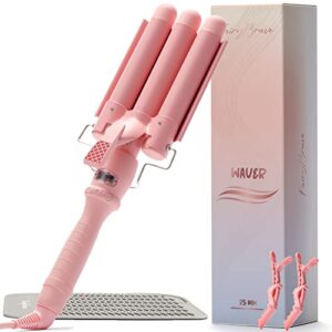 3 barrel curling iron wand – triple hair waver & crimper for beach waves set, ceramic tourmaline with adjustable temperature – beach waver, pink