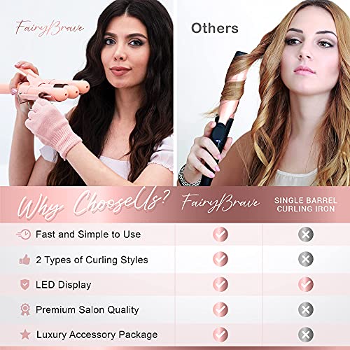 3 Barrel Curling Iron Wand - Triple Hair Waver & Crimper for Beach Waves Set, Ceramic Tourmaline with Adjustable Temperature - Beach Waver, Pink