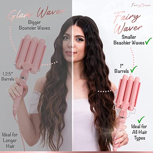 3 Barrel Curling Iron Wand - Triple Hair Waver & Crimper for Beach Waves Set, Ceramic Tourmaline with Adjustable Temperature - Beach Waver, Pink