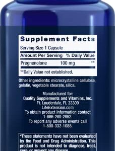 Life Extension Pregnenolone 100mg Hormone Balance, Anti-Aging & Longevity - Memory & Cognition Support Supplement – Non-GMO, Gluten-Free -100 Capsules