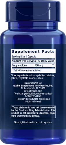 Life Extension Pregnenolone 100mg Hormone Balance, Anti-Aging & Longevity - Memory & Cognition Support Supplement – Non-GMO, Gluten-Free -100 Capsules