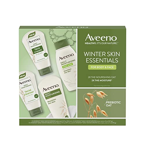 Aveeno Daily Moisturizing Winter Skin Essentials Skincare Set for Face & Body with Daily Moisturizing Body Lotion, Body Wash, Facial Cleanser, and Face Cream, Gift Set, 4 Items