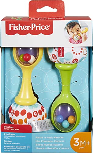 Fisher-Price Baby Toys Rattle ‘N Rock Maracas, Set Of 2 Soft Musical Instruments For Infants 3+ Months, Green & Yellow