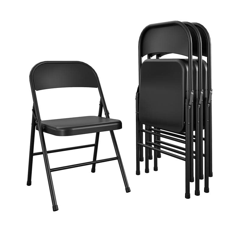 CoscoProducts COSCO Essentials All-Steel Metal Folding Chair, Full-Size, Double Braced, 4-Pack, Black