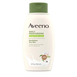 aveeno daily moisturizing yogurt body wash for dry skin with soothing oat & vanilla scent, gentle body cleanser, 12 fl. oz