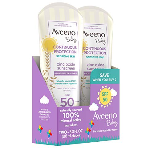 Aveeno Baby Continuous Protection Zinc Oxide Mineral Sunscreen Lotion for Sensitive Skin, Broad Spectrum SPF 50, Paraben- & Tear-Free, Sweat- & Water-Resistant, Travel-Size, 2 x 3 fl. oz