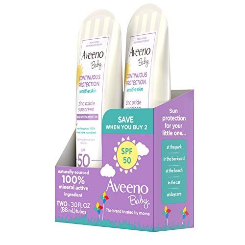 Aveeno Baby Continuous Protection Zinc Oxide Mineral Sunscreen Lotion for Sensitive Skin, Broad Spectrum SPF 50, Paraben- & Tear-Free, Sweat- & Water-Resistant, Travel-Size, 2 x 3 fl. oz