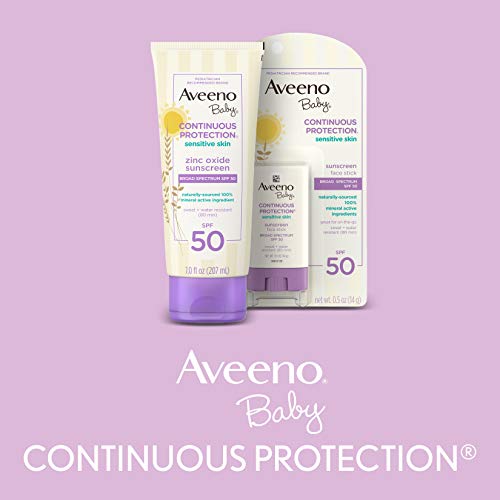 Aveeno Baby Continuous Protection Zinc Oxide Mineral Sunscreen Lotion for Sensitive Skin, Broad Spectrum SPF 50, Paraben- & Tear-Free, Sweat- & Water-Resistant, Travel-Size, 2 x 3 fl. oz