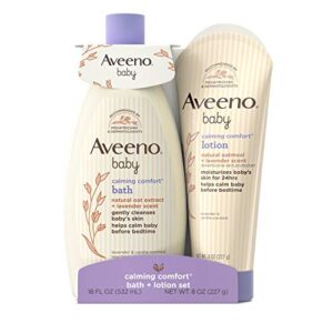 aveeno baby calming comfort bath & lotion set, night time baby skin care products with natural oat extract, lavender & vanilla scents, paraben-free, 2 items