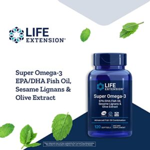 Super Omega-3 EPA/DHA Fish Oil, Sesame Lignans & Olive Extract - For Heart & Brain Health – For Inflammation & Cholesterol Management – Gluten-Free, Non-GMO – Lemon Flavor 120 Softgels