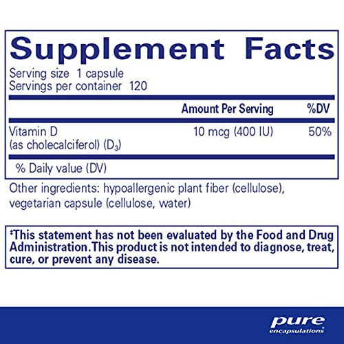 Pure Encapsulations Vitamin D3 10 mcg (400 IU) | Hypoallergenic Support for Bone, Breast, Cardiovascular, Colon and Immune Health | 120 Capsules