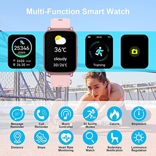 Smart Watch for Women, 1.69" HD Screen Fitness Tracker, Activity Tracker Smartwatches with 24 Sport Modes, Heart Rate/Sleep Monitor, IP68 Waterproof, Pedometer, Fitness Watch Android iOS Phones, Pink