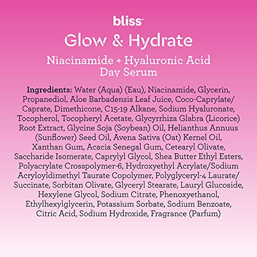 Bliss Glow & Hydrate Hyaluronic Acid Day Facial Serum | Improves Dullness and Hydrates Skin for Glowing Radiance | Clean | Paraben Free | Cruelty-Free | Vegan | 1 oz