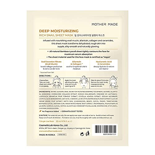 MOTHER MADE Korean Face Mask 10 Sheets with Snail Collagen Vitamin C & D | Hydrating Sheet Masks | Anti-aging Anti-Wrinkle Korean Skincare Facial Treatment | Snail Secretion Filtrate 10,000ppm