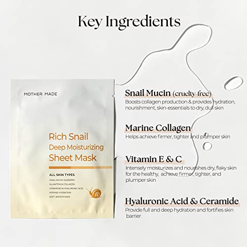 MOTHER MADE Korean Face Mask 10 Sheets with Snail Collagen Vitamin C & D | Hydrating Sheet Masks | Anti-aging Anti-Wrinkle Korean Skincare Facial Treatment | Snail Secretion Filtrate 10,000ppm