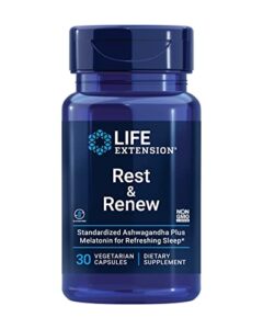 life extension rest & renew – ashwagandha extract with melatonin – sleep supplement herbal formula for healthy and restful sleep support – gluten free, non-gmo, vegetarian – 30 capsules