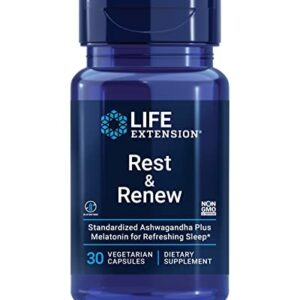 Life Extension Rest & Renew - Ashwagandha Extract with Melatonin - Sleep Supplement Herbal Formula for Healthy and Restful Sleep Support - Gluten Free, Non-GMO, Vegetarian - 30 Capsules