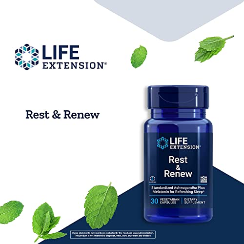 Life Extension Rest & Renew - Ashwagandha Extract with Melatonin - Sleep Supplement Herbal Formula for Healthy and Restful Sleep Support - Gluten Free, Non-GMO, Vegetarian - 30 Capsules