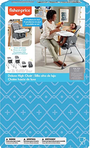 Fisher-Price Baby to Toddler Deluxe High Chair and Portable Booster Seat with Tray Liner Plus Washable Seat Pad and Tray, Gray Tribal