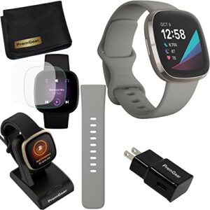 fitbit sense advanced smartwatch (sage grey) with small & large bands, bundle with 3.3foot charge cable, wall adapter, screen protectors & premgear cloth compatible