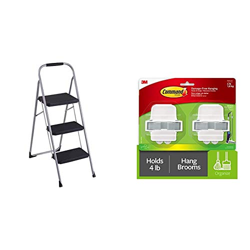 Cosco 11408PBL1E Three Big Folding Step Stool with Rubber Hand Grip, Platinum & Command Broom & Mop Grippers, Multi-Use Gripper, Holds up to 4 lbs, 2-Pack