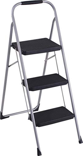 Cosco 11408PBL1E Three Big Folding Step Stool with Rubber Hand Grip, Platinum & Command Broom & Mop Grippers, Multi-Use Gripper, Holds up to 4 lbs, 2-Pack