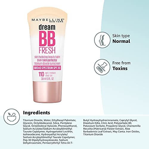 Maybelline Dream Fresh Skin Hydrating BB cream, 8-in-1 Skin Perfecting Beauty Balm with Broad Spectrum SPF 30, Sheer Tint Coverage, Oil-Free, Light/Medium, 1 Fl Oz