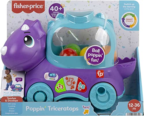 Fisher-Price Toddler Learning Toy Poppin’ Triceratops Dinosaur Pull-Along Ball Popper With Smart Stages For Ages 1+ Years