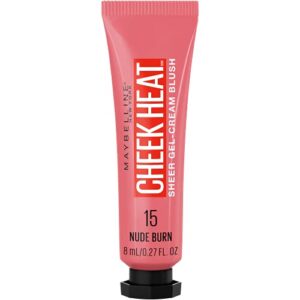 maybelline cheek heat gel-cream blush makeup, lightweight, breathable feel, sheer flush of color, natural-looking, dewy finish, oil-free, nude burn, 1 count