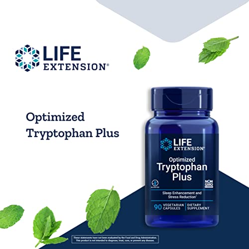 Life Extension Optimized Tryptophan Plus 1000mg - L-Tryptophan Supplement with Niacin and L-Lysine for Healthy Sleep & Stress Response – Gluten-Free, Non-GMO, Vegetarian - 90 Capsules