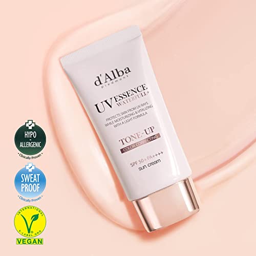 d'Alba Italian White Truffle Waterfull Tone-up Sunscreen, pure and Vegan hybrid pink tinted moisturizer, glow and brightening sunscreen, gentle and safe use sunscreen