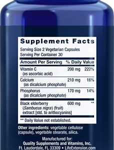 Life Extension Black Elderberry + Vitamin C - Immune System Support, Gluten-Free, Non-GMO - 60 Vegetarian Capsules