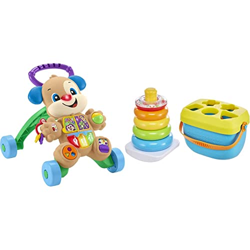 Fisher-Price Laugh & Learn Baby Walker and Musical Learning Toy with Smart Stages Educational Content & Baby Toy Gift Set with Rock-a-Stack Ring Stacking Toy and Baby’s First Blocks Set