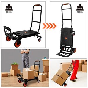 Folding Hand Truck and Dolly Cart Heavy Duty 400 lbs Capacity,2 in 1 One-Button Folding Portable Flatbed,Moving Dolly with Bungee Cord for Transport,Luggage Handling