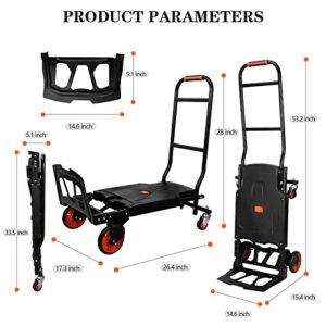 Folding Hand Truck and Dolly Cart Heavy Duty 400 lbs Capacity,2 in 1 One-Button Folding Portable Flatbed,Moving Dolly with Bungee Cord for Transport,Luggage Handling